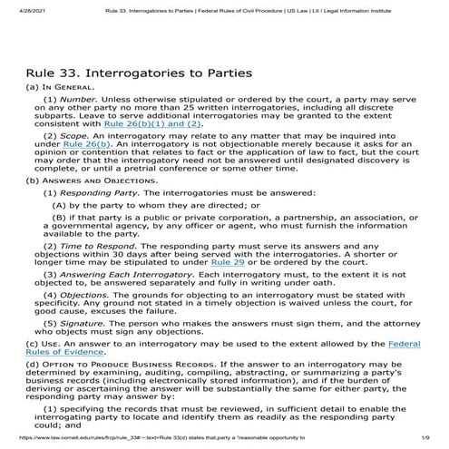 Rule 33. interrogatories to parties federal rules of civil procedure us ...