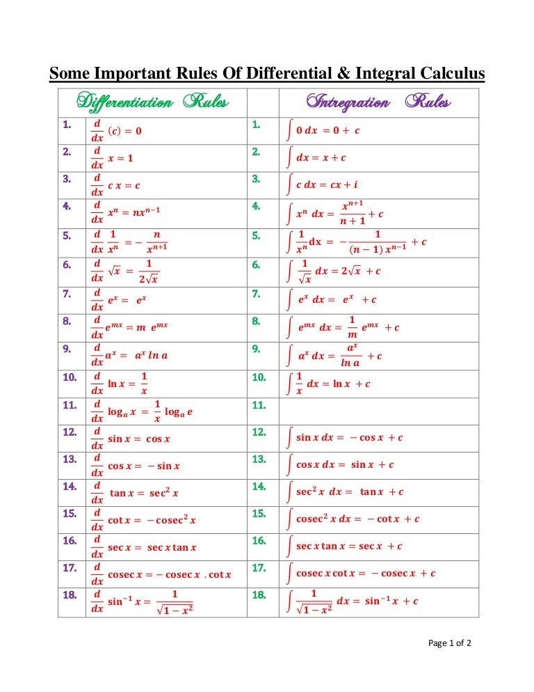 Rules Of Differential And Integral Calculus 7929