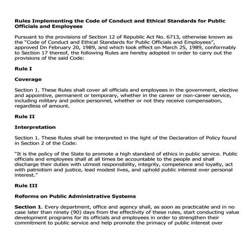 Rules implementing the code of conduct and ethical standards for public ...