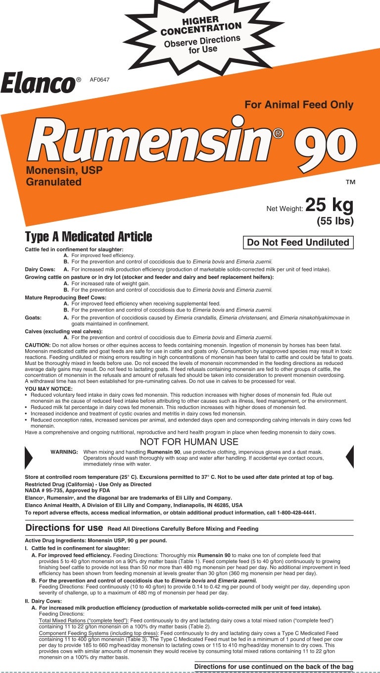 Elanco Rumensin 90 Label