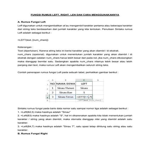 Rumus fungsi left, right, len dan cara menggunakannya di excel | PDF