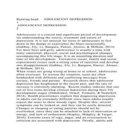 Running head ADOLESCENT DEPRESSION .docx