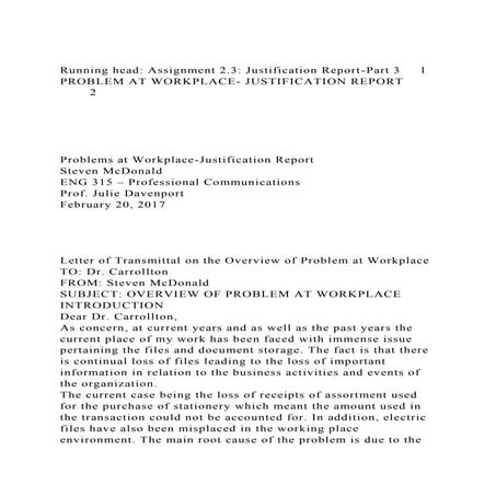 Running Head Assignment 2 3 Justification Report Part 31probl Docx