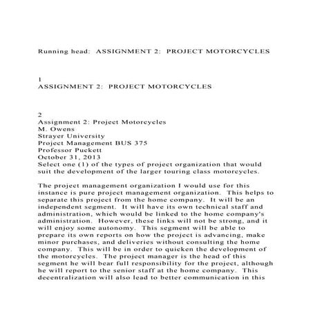 Running Head Assignment 2 Project Motorcycles1assi Docx