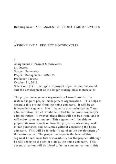 Running Head Assignment 2 Project Motorcycles1assi Docx