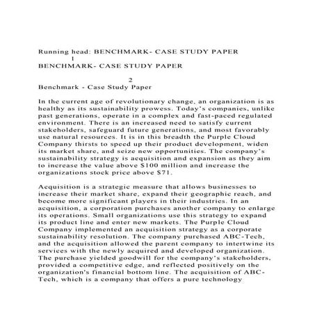 Running head BENCHMARK- CASE STUDY PAPER 1BENCH.docx | Cloud Computing | Internet
