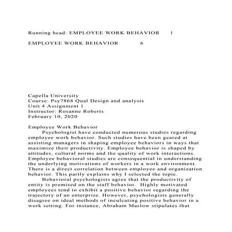 Running head EMPLOYEE WORK BEHAVIOR 1EMPLOYEE WORK BEHAVIOR.docx