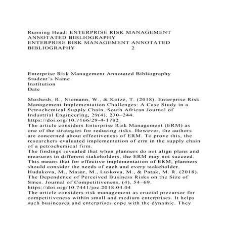 Running Head ENTERPRISE RISK MANAGEMENT ANNOTATED BIBLIOGRAPHYE.docx