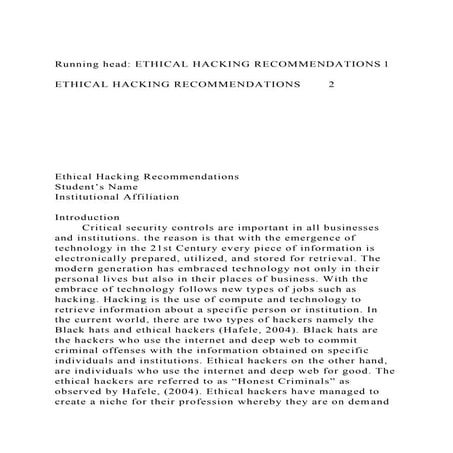 Running head ETHICAL HACKING RECOMMENDATIONS1ETHICAL HACKING.docx | IT and Internet Support ...