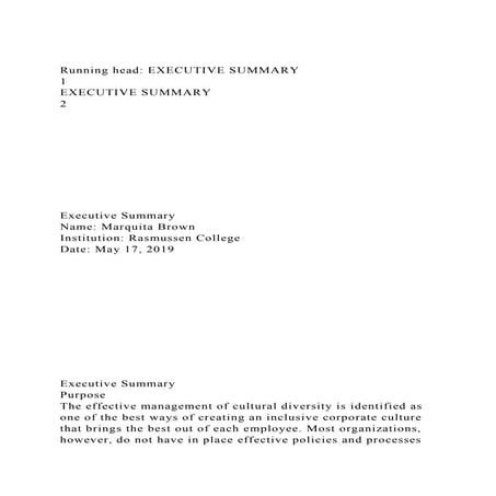 Running head EXECUTIVE SUMMARY .docx | Human Resources | Business