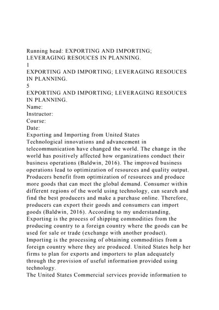 Running head EXPORTING AND IMPORTING; LEVERAGING RESOUCES IN PL.docx Running head EXPORTING AND IMPORTING; LEVERAGING RESOUCES IN PL.docx