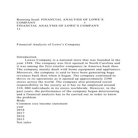 Running head FINANCIAL ANALYSIS OF LOWE’S COMPANY .docx