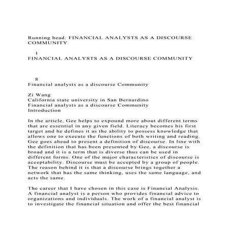 Running head FINANCIAL ANALYSTS AS A DISCOURSE COMMUNITY .docx | Stocks and Bonds | Personal ...