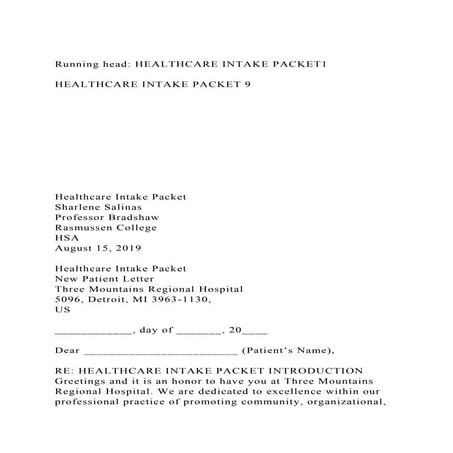 Running head HEALTHCARE INTAKE PACKET1HEALTHCARE INTAKE PACK.docx