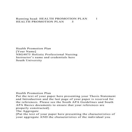 Running head HEALTH PROMOTION PLAN 1HEALTH PROMOTION PLAN 5.docx
