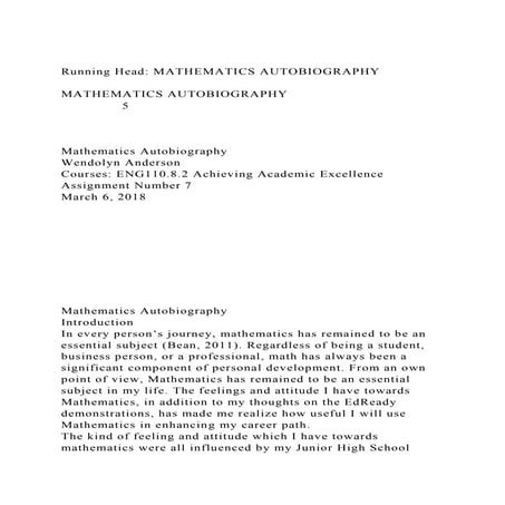Running Head MATHEMATICS AUTOBIOGRAPHY MATHEMATICS AUTOBIO.docx