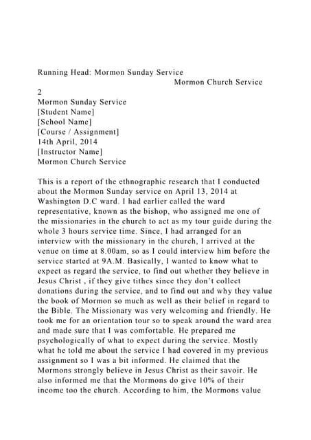 Running Head Mormon Sunday Service Docx