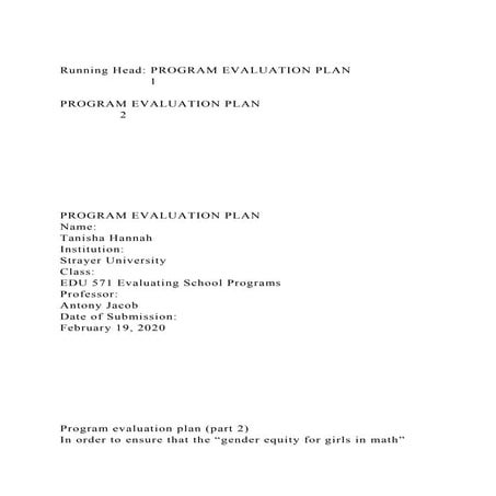 Running Head PROGRAM EVALUATION PLAN1PROGRAM EVALUATION.docx