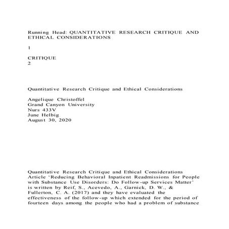 Running Head QUANTITATIVE RESEARCH CRITIQUE AND ETHICAL CONSIDERA | DOCX | Substance Abuse ...
