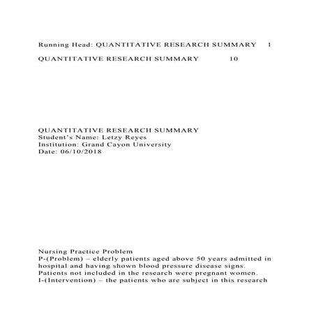 Running Head QUANTITATIVE RESEARCH SUMMARY1QUANTITATIVE RESE.docx