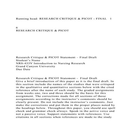 Running head RESEARCH CRITIQUE & PICOT - FINAL 16RE.docx