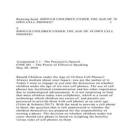 Running head SHOULD CHILDREN UNDER THE AGE OF 10 OWN CELL PHONES.docx