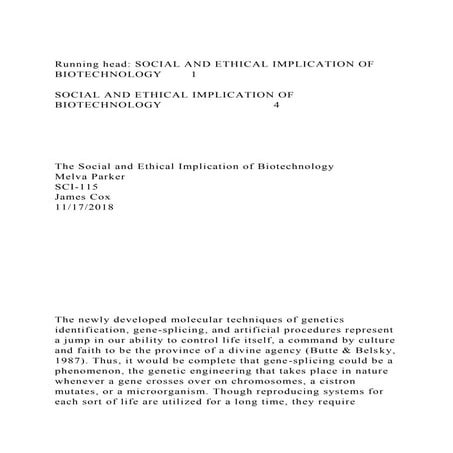 Running head SOCIAL AND ETHICAL IMPLICATION OF BIOTECHNOLOGY .docx