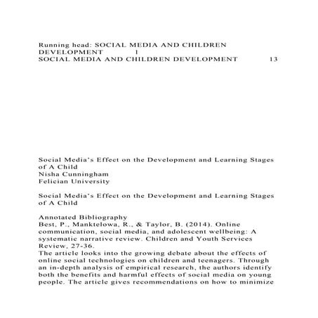 Running head SOCIAL MEDIA AND CHILDREN DEVELOPMENT1SOCIAL MED.docx