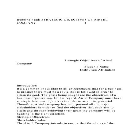 Running head STRATEGIC OBJECTIVES OF AIRTEL COMPANY .docx