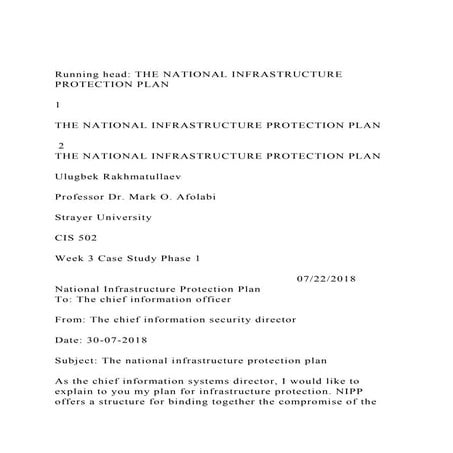 Running head THE NATIONAL INFRASTRUCTURE PROTECTION PLAN1.docx