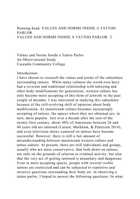 Running head VALUES AND NORMS INSIDE A TATTOO PARLORVALUES AND .docx Running head VALUES AND NORMS INSIDE A TATTOO PARLORVALUES AND .docx
