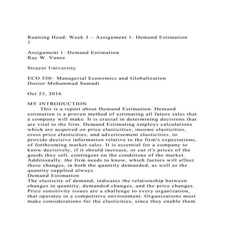 Running Head Week 3 – Assignment 1 Demand Estimation .docx