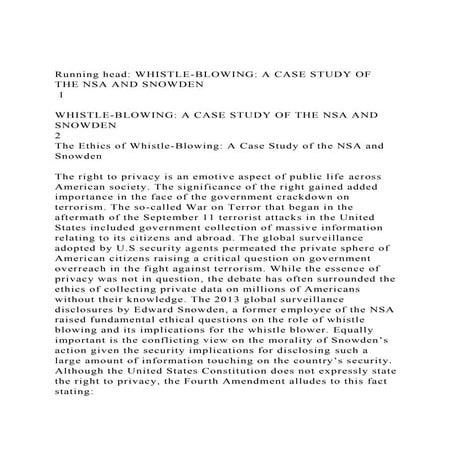 Running head WHISTLE-BLOWING A CASE STUDY OF THE NSA AND SNOWD.docx
