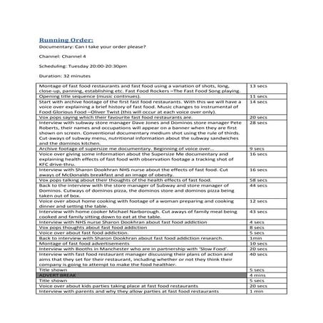 Running order | DOCX | Food Industry | Industries