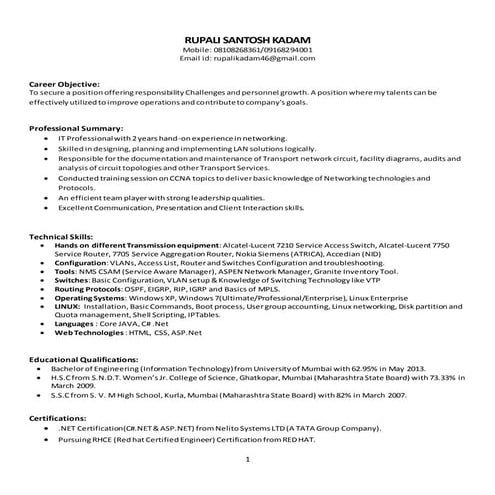 Rupali kadam resume | DOCX | Computer Networking | Computing