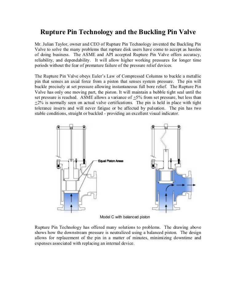 Rupture pin technology and the buckling pin valve