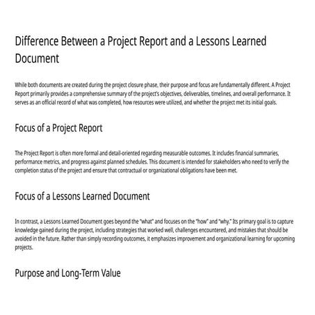 Difference Between a Project Report and a Lessons Learned Document | PDF
