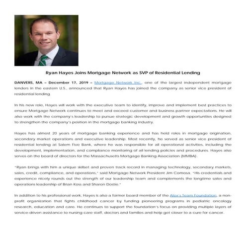 Ryan Hayes Joins Mortgage Network as SVP of Residential Lending | PDF