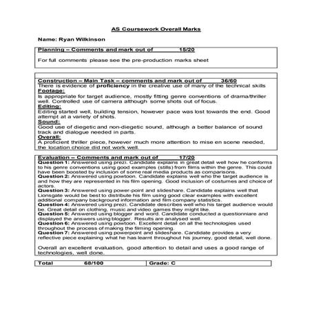 Ryan wilkinson as coursework overall marksheet | DOCX