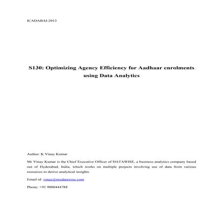 Optimizing Agency Efficiency For Aadhaar Enrolments Pdf