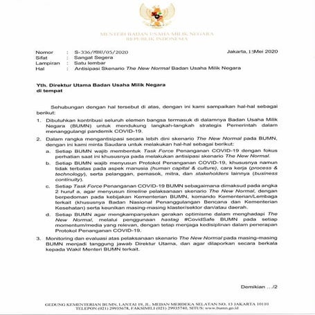 Surat BUMN S-336/MBU/05/2020 | PDF