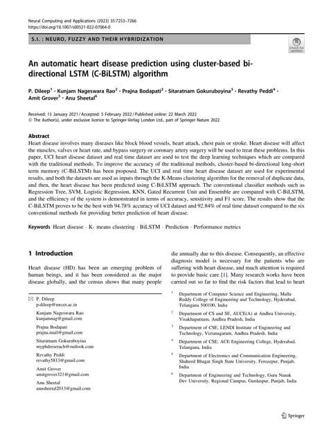 An Automatic Heart Disease Prediction Using Cluster Based Bidirectional Lstm C Bilstm