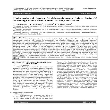Hydrogeological Studies At Jalakandapuram Sub – Basin Of Sarabanga ...