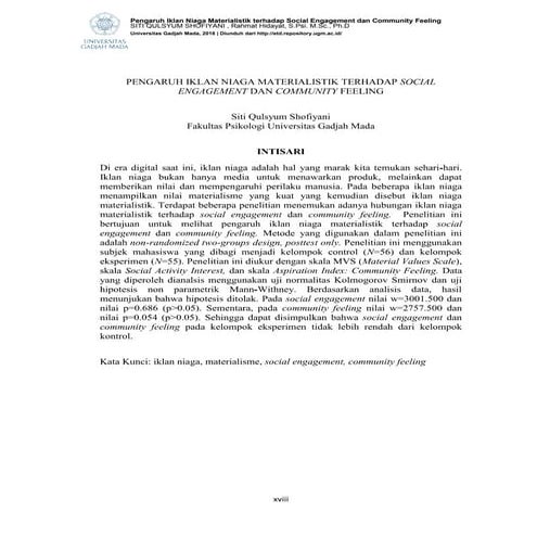 Pengaruh Iklan Niaga Materialistik terhadap Social Engagement | PDF