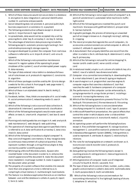 SS1 DATA PROCESSING EXAMINATION (FIRST TERM) | DOCX