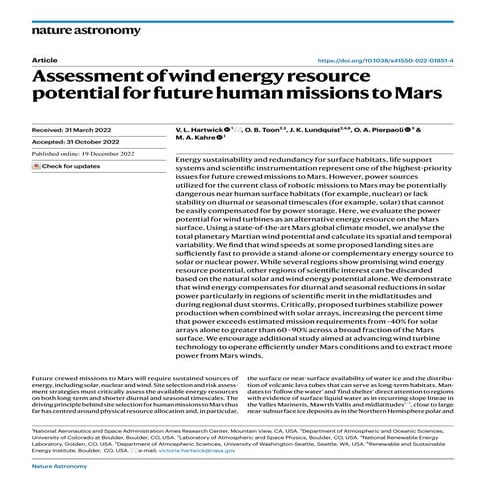 Assessment of wind energy resource potential for future human missions to Mars | PDF