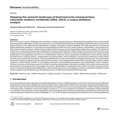 Mapping the research landscape of food insecurity among tertiary ...