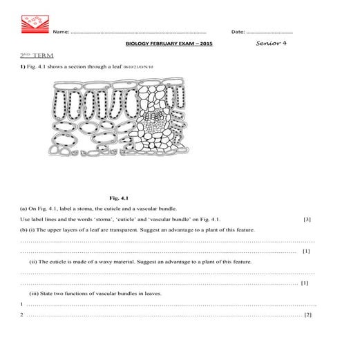 S4 biology, feb. exam 2nd term, 2015 | PDF