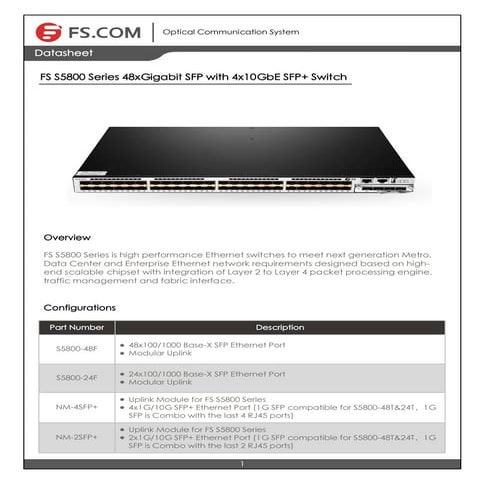 FS S5800 Series 48xGigabit SFP with 4x10GbE SFP+ Switch | PDF