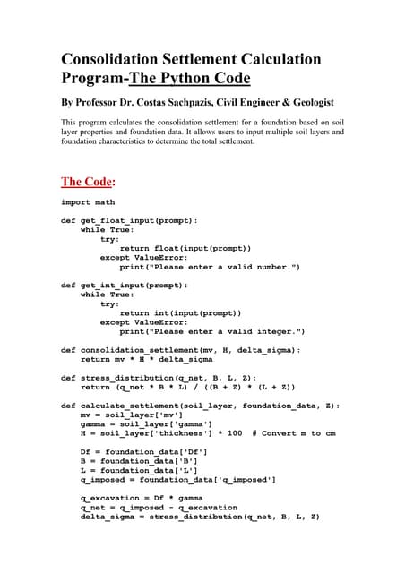 Sachpazisconsolidation Settlement Calculation Program The Python Code